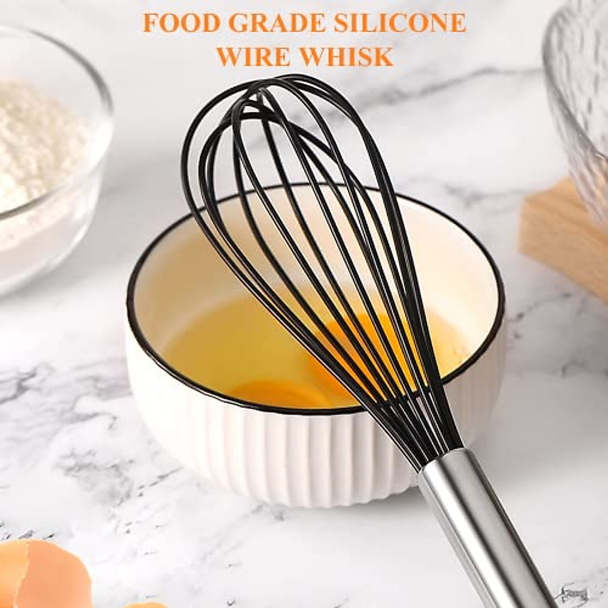 NileHome Whisk Commercial Whisks Stainless Steel & Silicone Non-Stick Coated Small Whisk Set 8" 10" 12" Kitchen Wisk Wire Whisks for Cooking 3 Pack, Black