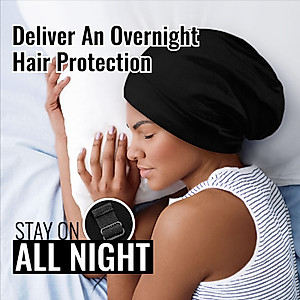 PARISBELLA Satin Lined Sleep Cap Bonnet for Curly Hair and Braids, Stay On All Night Wrap with Adjustable Strap for Women and Men, Black, Pack of 1