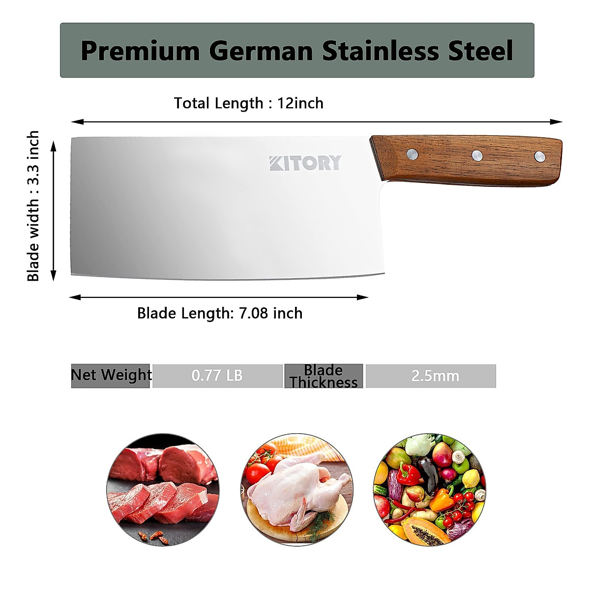 Kitory Cleaver Knife, Full Tang Chinese Chef Knife for meat and vegetable, German Stainless Steel Kithcen Knife 7"