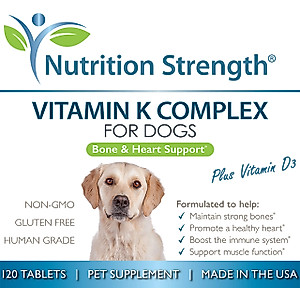 Nutrition Strength Vitamin K for Dogs, Vitamins K1 & K2 (MK4 & MK7) + Vitamin D3, Help Maintain Strong Bones, Promote Healthy Heart, Boost Immune System, Support Muscle Function, 120 Chewable Tablets