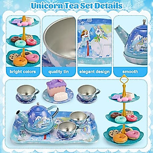 Toddler Toys Tea Set for Little Girls - 48 Pcs Tin Tea Set for Kids Includes Teapot, Tea Cup, Saucers Set Snack Plates & Desserts , Unicorn Princess Tea Party Set with Carrying Case