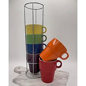 gypsy color The Original Brink House 12 OZ. Cappuccino Stacking Coffee Mug Set with Metal Stand, Multi-Colored Hand-Glazed Ceramic Stoneware