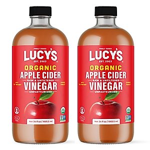 Lucy's Family Owned - USDA Organic NonGMO Raw Apple Cider Vinegar, Unfiltered, Unpasteurized, With the Mother, 34oz Glass Bottle (2 Pack)