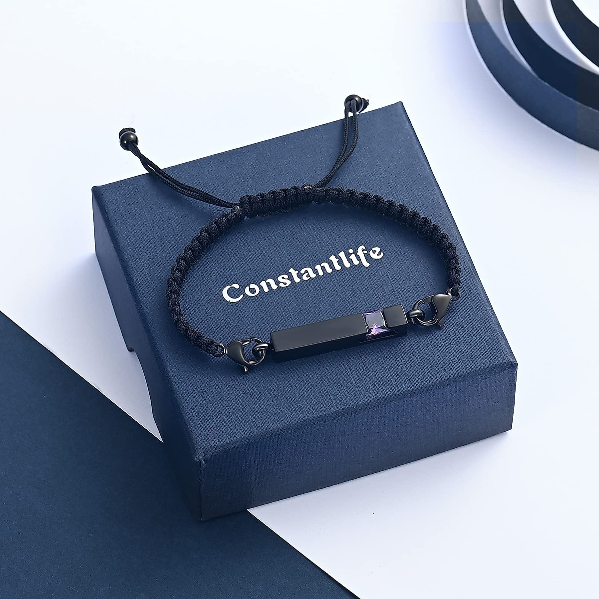 constantlife Birthstone Crystal Cube Urn Bracelet for Ashes Braided Rope Adjustable Bangle Cremation Memorial Jewelry Loved Ones Funeral Keepsake Gift for Women Men (Black-Purple)