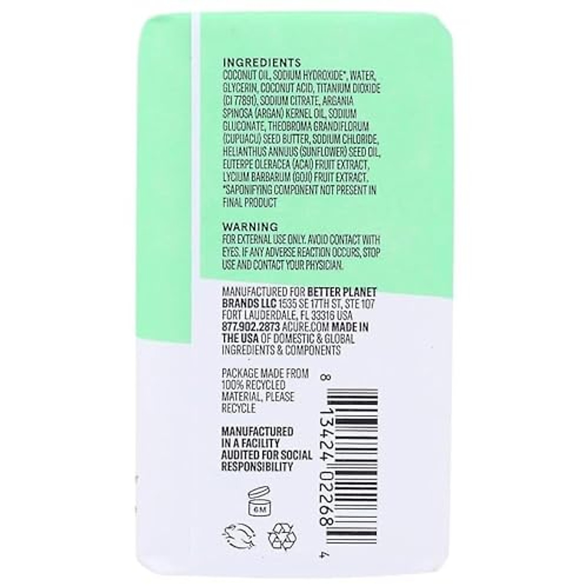 Acure Coconut & Argan Shampoo Bar, 100% Vegan, Performance Driven Body & Hair Care, All-In-One shower Solution, Palm Oil Free, 5 Oz