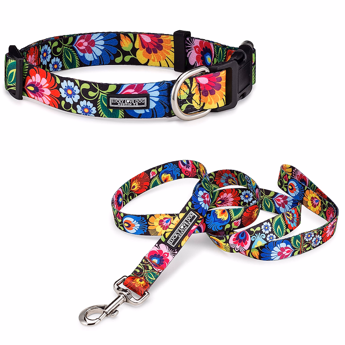 Lucky Love Dog - Easy Click Buckle Dog Collar with Leash Set Combo, Durable & Comfortable Collar for Male & Female Dogs, Pet Collar for Small to Large Dogs, Secure Fit - Blackbird Combo, Small