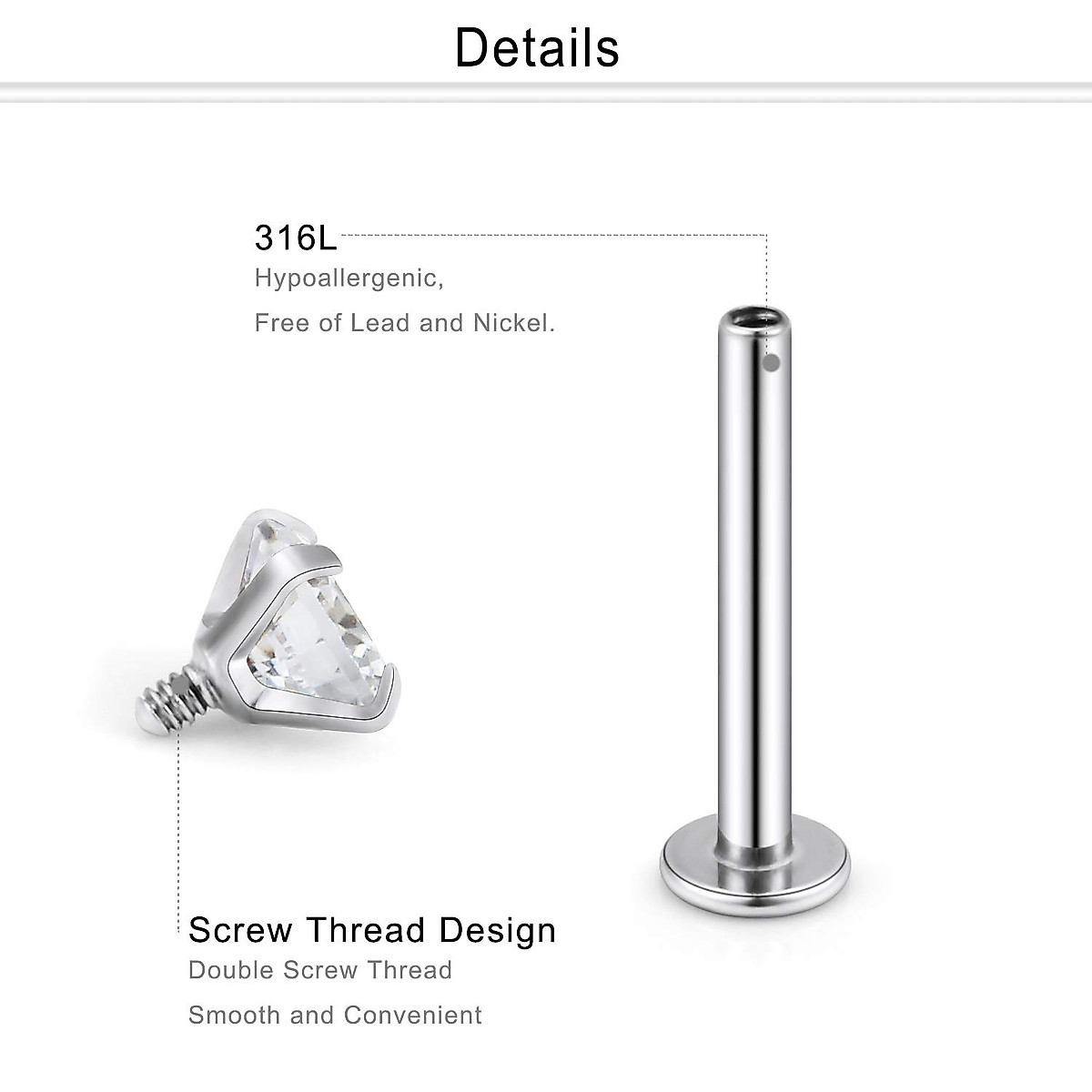 Dyknasz Labret Studs 16G Surgical Steel Monroe Barbell Lip Ring Piercing Jewelry 2mm Clear Diamond CZ with Flat Back for Women Men Silver-Tone