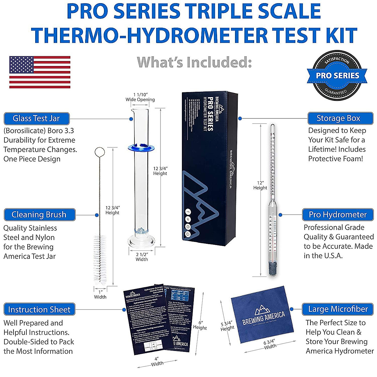 Thermo-Hydrometer ABV Tester Kit Triple Scale for Beer/Wine - Pro Series American-Made Specific Gravity Hydrometer with Thermometer Temperature Correction, N.I.S.T Traceable (KIT)