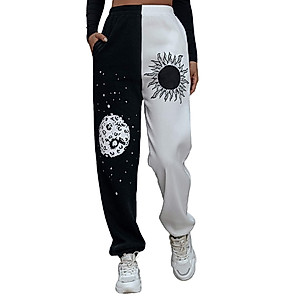 SOLY HUX Women's Graphic Letter Print Elastic Waist Sweatpants Color Block Cozy Running Joggers Pants Graphic Black and White S