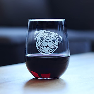 Happy Pug Stemless Wine Glass - Cute Dog Themed Decor and Gifts for Moms & Dads of Pugs - Large 17 Oz Glasses