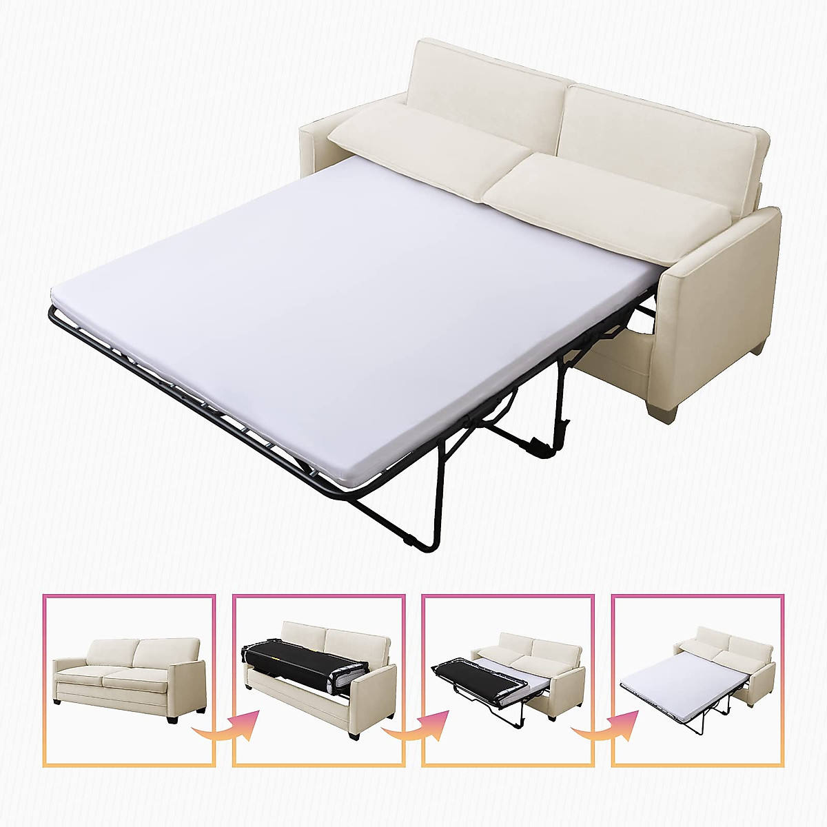 FRETSAE 2-in-1 Pull Out Sofa Bed, Convertible Velvet Sleeper Sofa Couch with Memory Foam Mattress, Large Sofa Pull Out Couch Bed for Living Room, Small Spaces, Queen Size, Beige