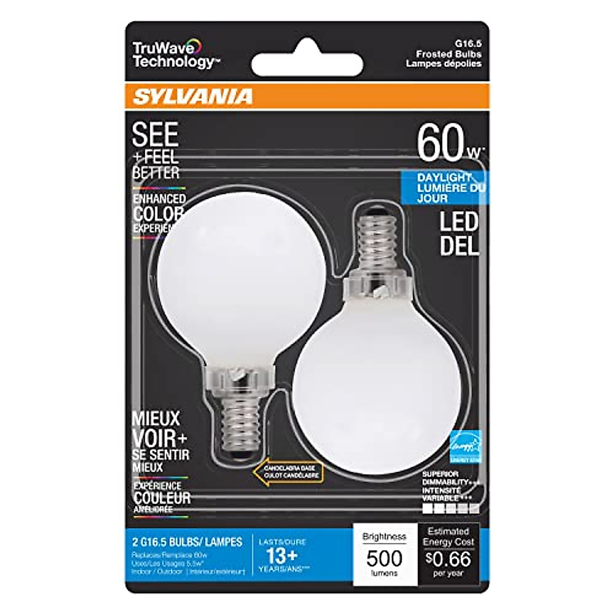 Sylvania LED TruWave Natural Series Décor G16.5 Light Bulb, 60W Equivalent Efficient 5.5W, Candelabra Base, Dimmable, Frosted, 5000K, Daylight - 2 Pack (40801) Soft White