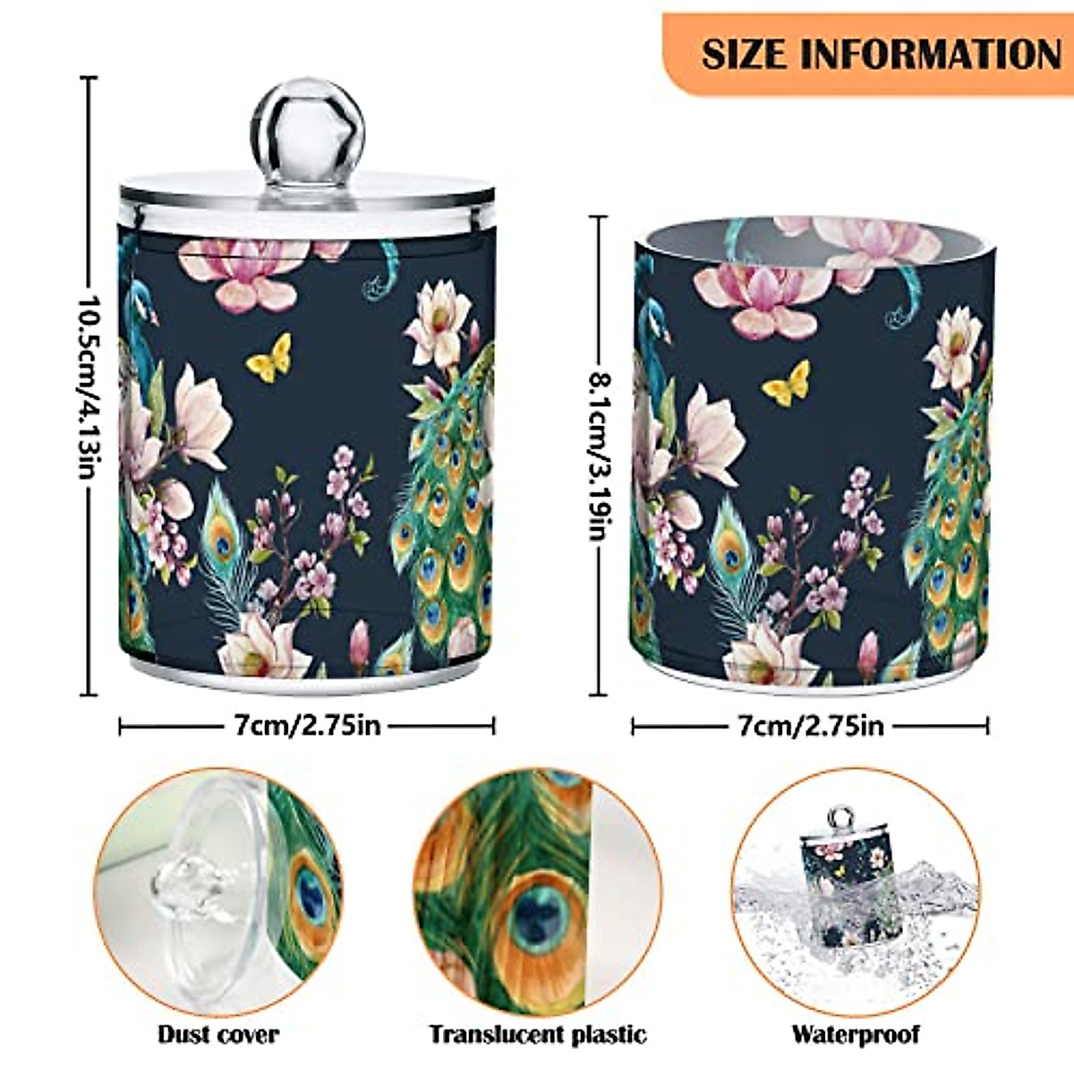 xigua 2 Pack Elegant Floral Peacock Apothecary Jars with Lid, Qtip Holder Storage Containers for Cotton Ball, Swabs, Pads, Clear Plastic Canisters for Bathroom Vanity Organization (10 Oz)