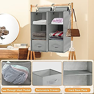 Hanging Closet Organizer, 2 Pack Hanging Closet Shelves w/ Drawers, 3-Shelf Foldable Hanging Organizer by 2 Hanging Ways for Closet Wardrobe Rv Dorm Bedroom Nursery Storage, 22.8x11x11in (Gray)