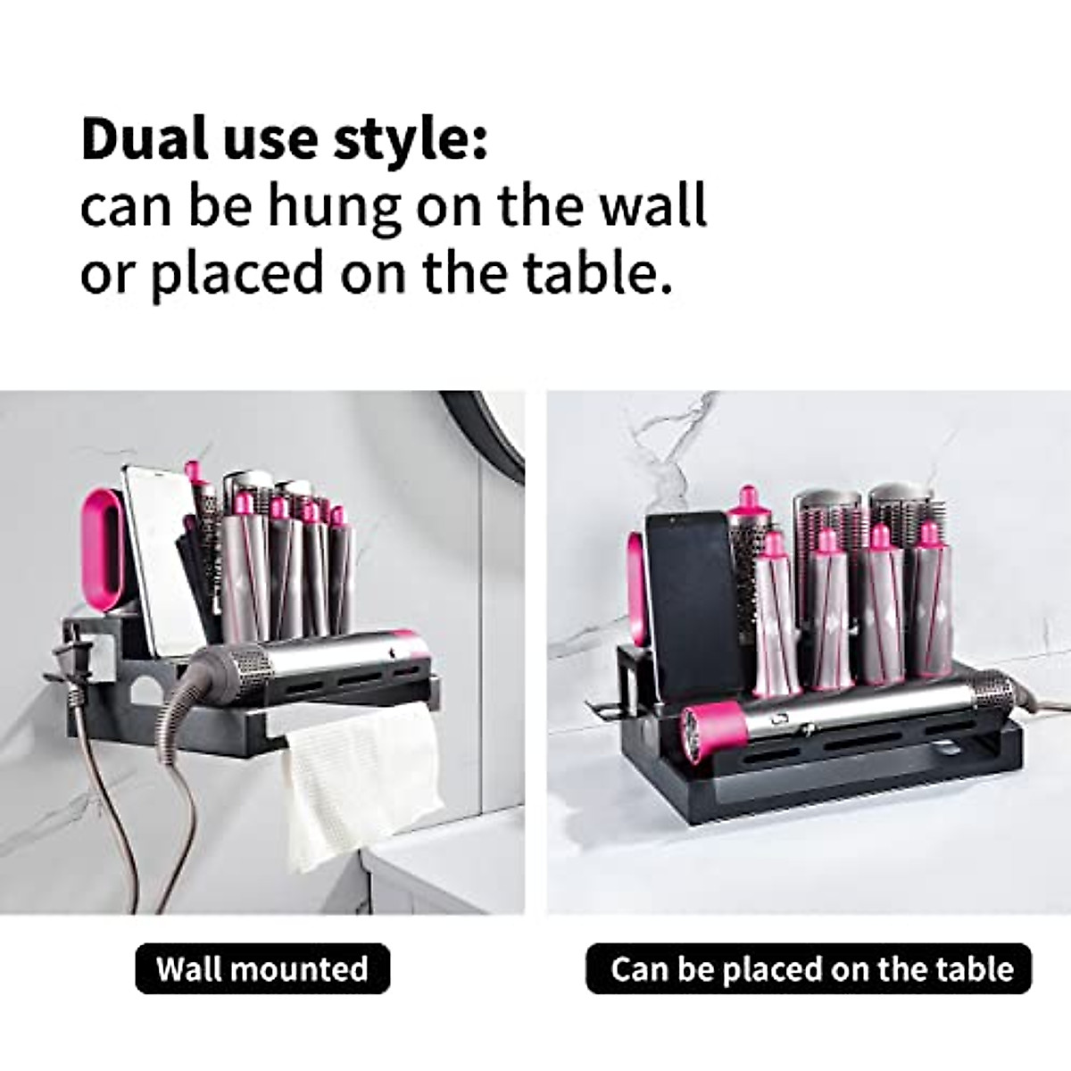 DALUOBO Storage Holder for Dyson Airwrap Curling Iron Styler Wall Mounted Rack Bracket Stand with Adhesive for Home Bathroom Organizer Black (B)