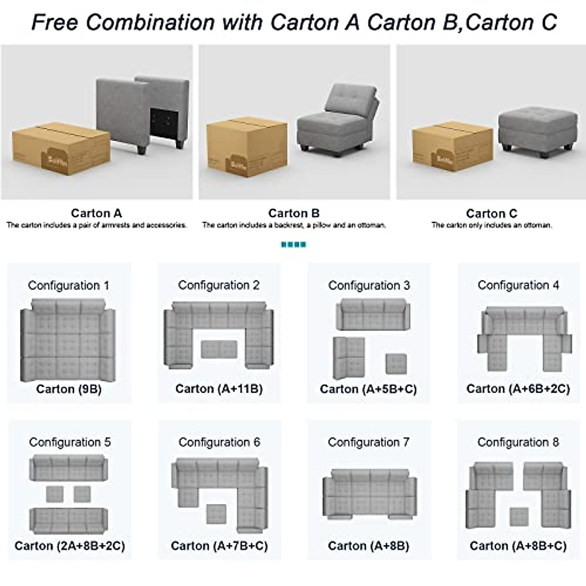 Belffin Middle Module Seat for Modular Sofa Sectional Couch with Storage Accent Armless Sofa Chair Modern Fabric Light Grey