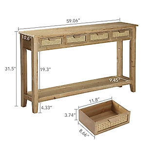 Wnutrees Farmhouse Console Table with 4 Rattan Drawers, 60" Long Narrow Boho Foyer Sofa Tables with Open Storage Shelves for Entryway,Hallway,Living Room, Natural