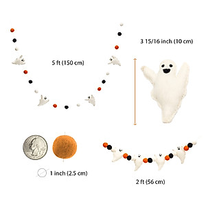 Glaciart One Felt Balls + Ghosts Garland - Easy to Hang Halloween Party Banner Decoration - 100% New Zealand Wool, Hand-Felted in Nepal - 5' Long, 15 White Orange & Black Pom Poms, 4 Ghost Ornaments