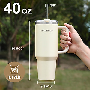 HAUSHOF 40 oz Tumbler with Handle and Straw, Insulated Stainless Steel Coffee Tumbler with Tritan Lid, Double Walled Travel Mug Water Bottle Cup, Large Tumbler for Hot and Cold Drinks