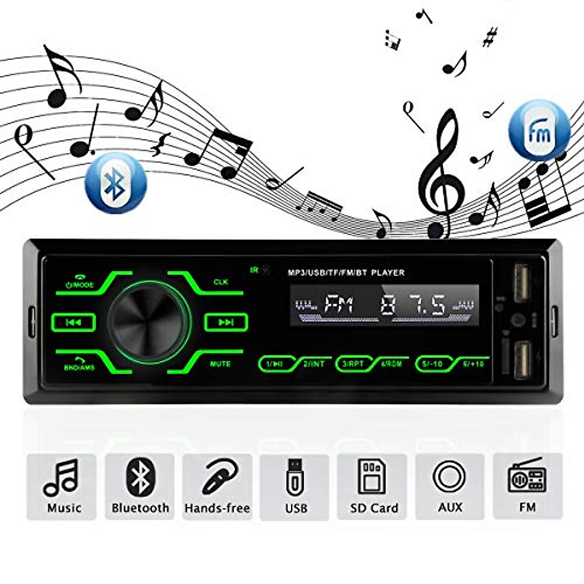 Single Din Car Stereo Receiver with Touch Screen, Car MP3 Multimedia Player USB/SD/AUX Input, Car Audio Bluetooth and Hands-Free Calling,FM Radio,Built-in Microphone,with Double USB Port