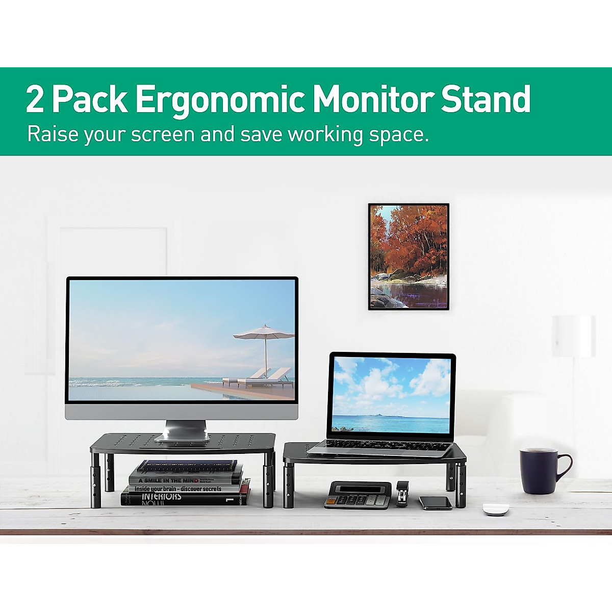 Zimilar 2 Pack Monitor Stands Risers, 3 Height Adjustable Monitor Riser for Laptop, Printer, iMac, PC, Premium Metal Monitor Stand Riser for 2 Monitors