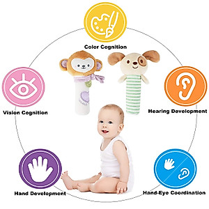 Funsland Baby Rattles Toys Soft Plush Hand Rattles Hand Grip Toys Stuffed Animal Rattles Shaker for 3 6 9 12 Months Infants Newborn 2 Pack