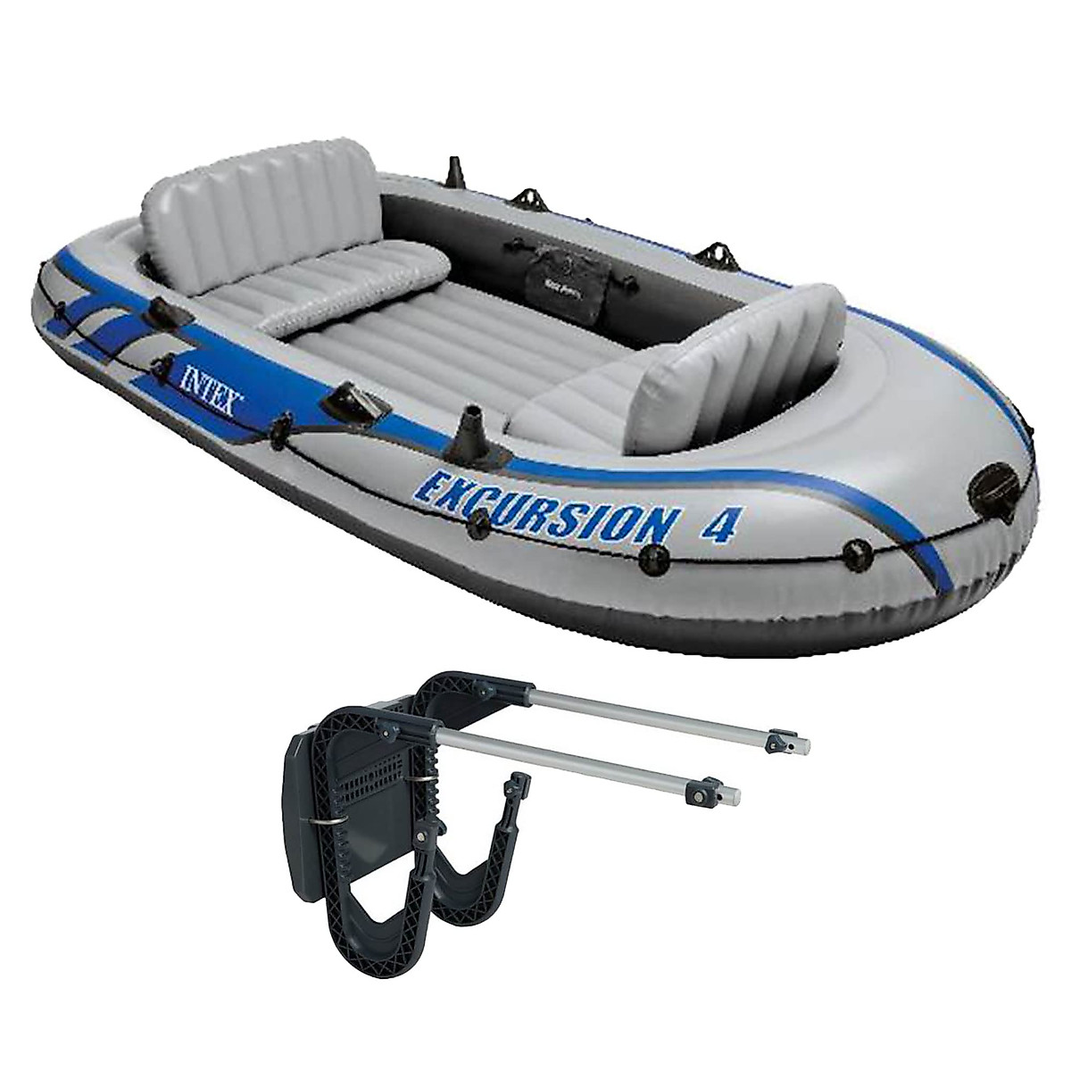 Intex Excursion 4 Inflatable 4 Person Fishing Boat Raft Set with Motor Mount Kit for Rivers and Lakes (Motor Not Included)