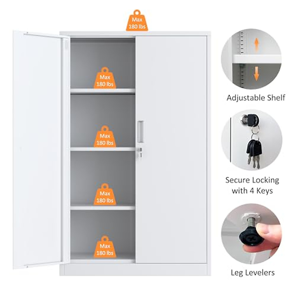 JINKUR Metal Storage Cabinet with Locking Doors and 3 Adjustable Shelves, 53.5-Inch Lockable Storage Cabinets for Home Office Garage Kitchen Pantry (White)
