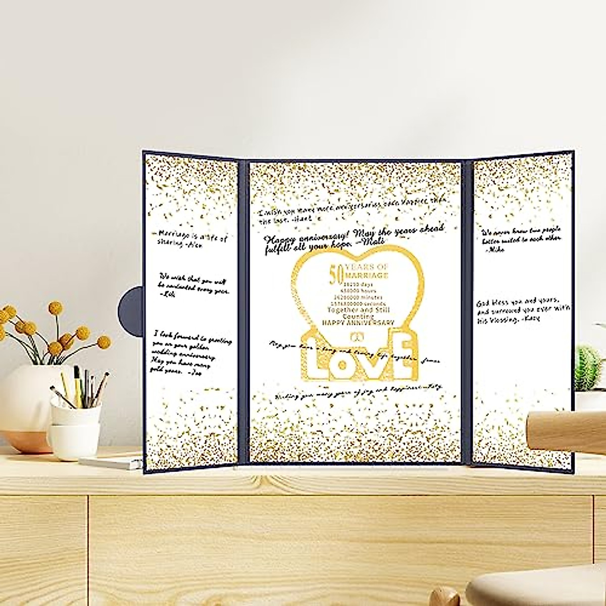 Idealmuzik 50th Wedding Anniversary Guest Book Alternative,Marriage Signature Board,50th Anniversary Table Decorations,Black Gold Large Gift Card for 50 Years Wedding Anniversary party Supplies