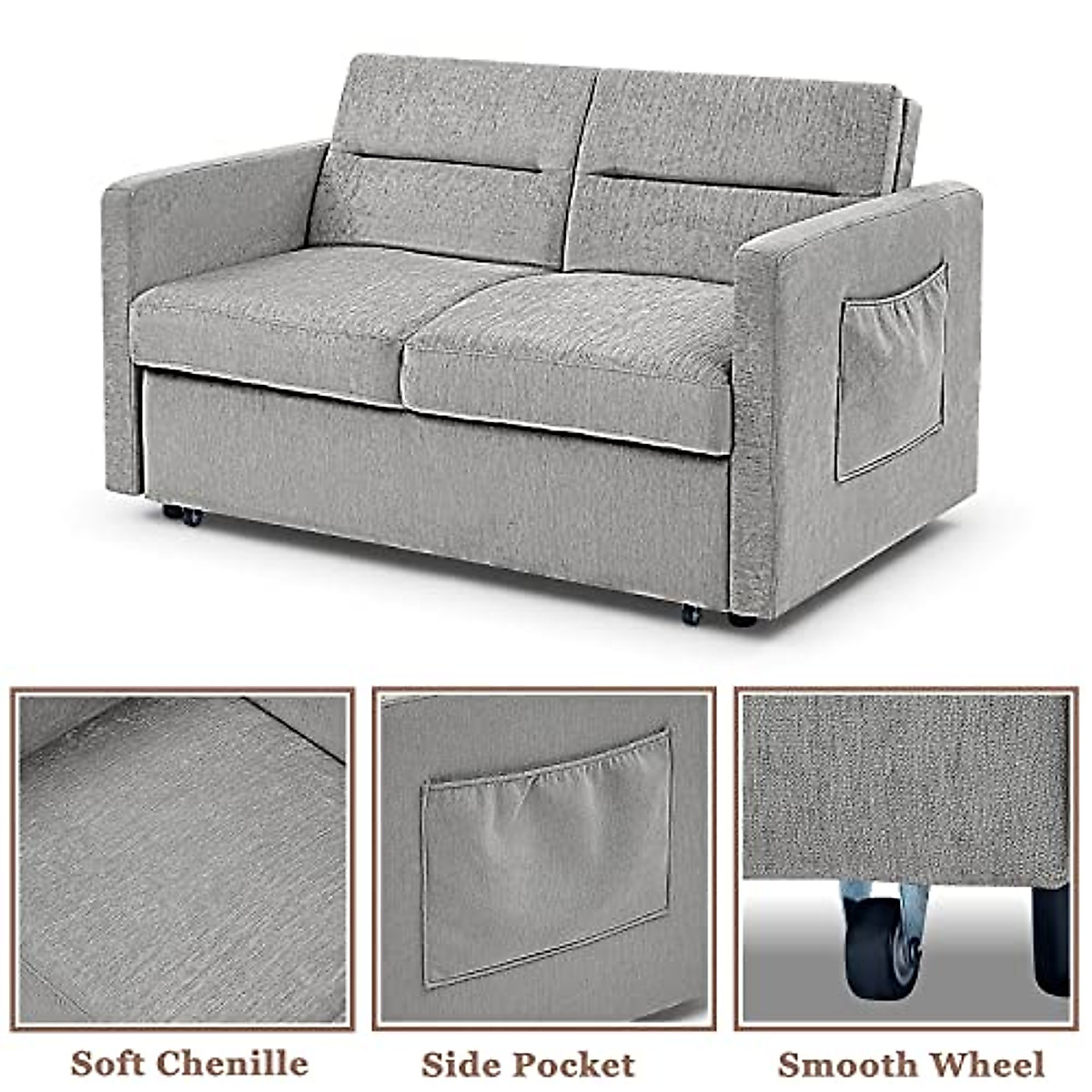 3 in 1 Convertible Sleeper Sofa Bed, Antetek Modern Chenille Loveseat Sleeper Sofa Couch w/Pull-Out Bed, Small Love seat Sofa Bed w/Reclining Backrest & Side Pocket for Living Room, Silver Grey, 54.5"