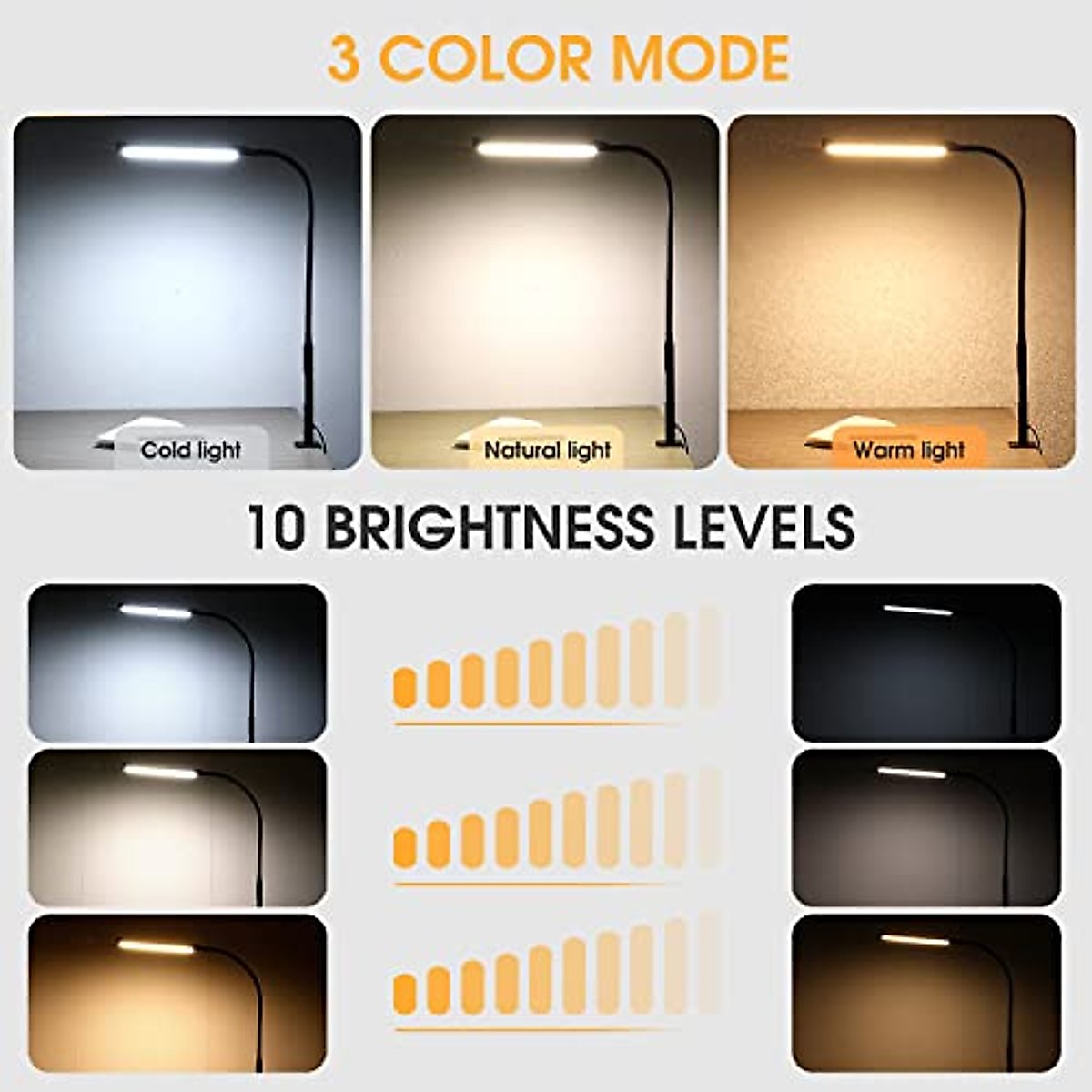 LIBORA LED Desk Lamp with Clamp, Smart Dimmable Clip Light for Home Office, 3 Modes 6 Brightness, Long Flexible Gooseneck, Eye-Caring, Architect Task Lamp with Remote & Touch Control, Black