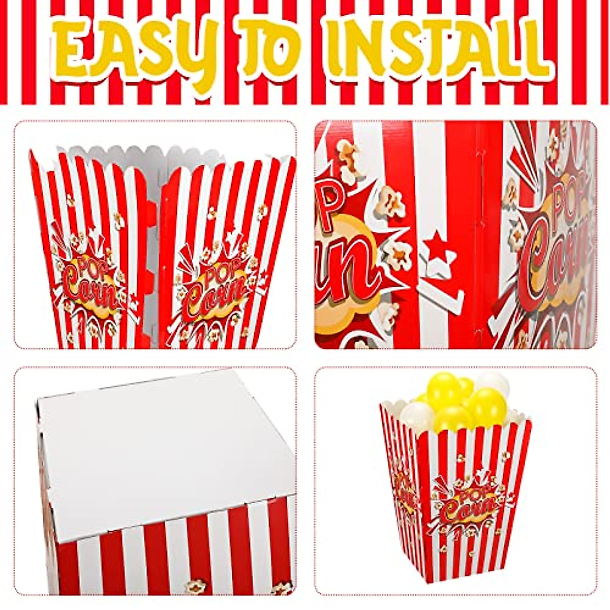 2 Pieces Giant Popcorn Box Cardboard Stand up with 100 Balloons Movie Popcorn 3D Popcorn Box Cardboard Stand up and Yellow White Popcorn Theme Balloons Carnival Decorations for Movie Themed Party