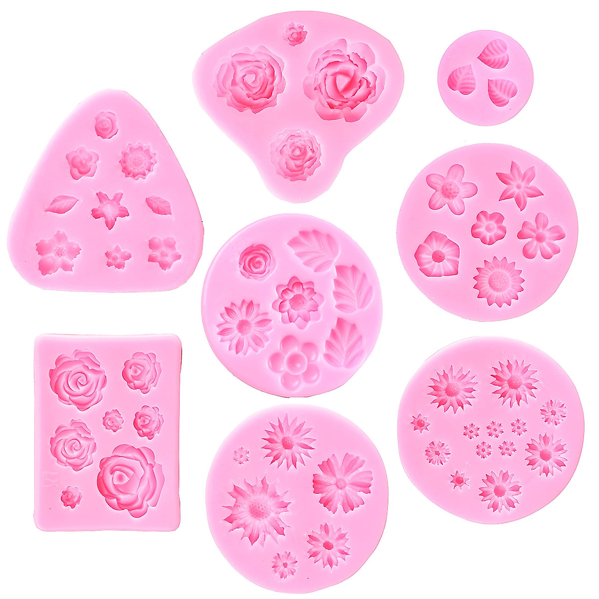 Flower Fondant Cake Molds-8 Pcs-Daisy, Rose, Chrysanthemum and Small Flower Leaf, Candy Silicone Molds for Chocolate Fondant Polymer Clay Soap Crafting Projects & Cake Decoration