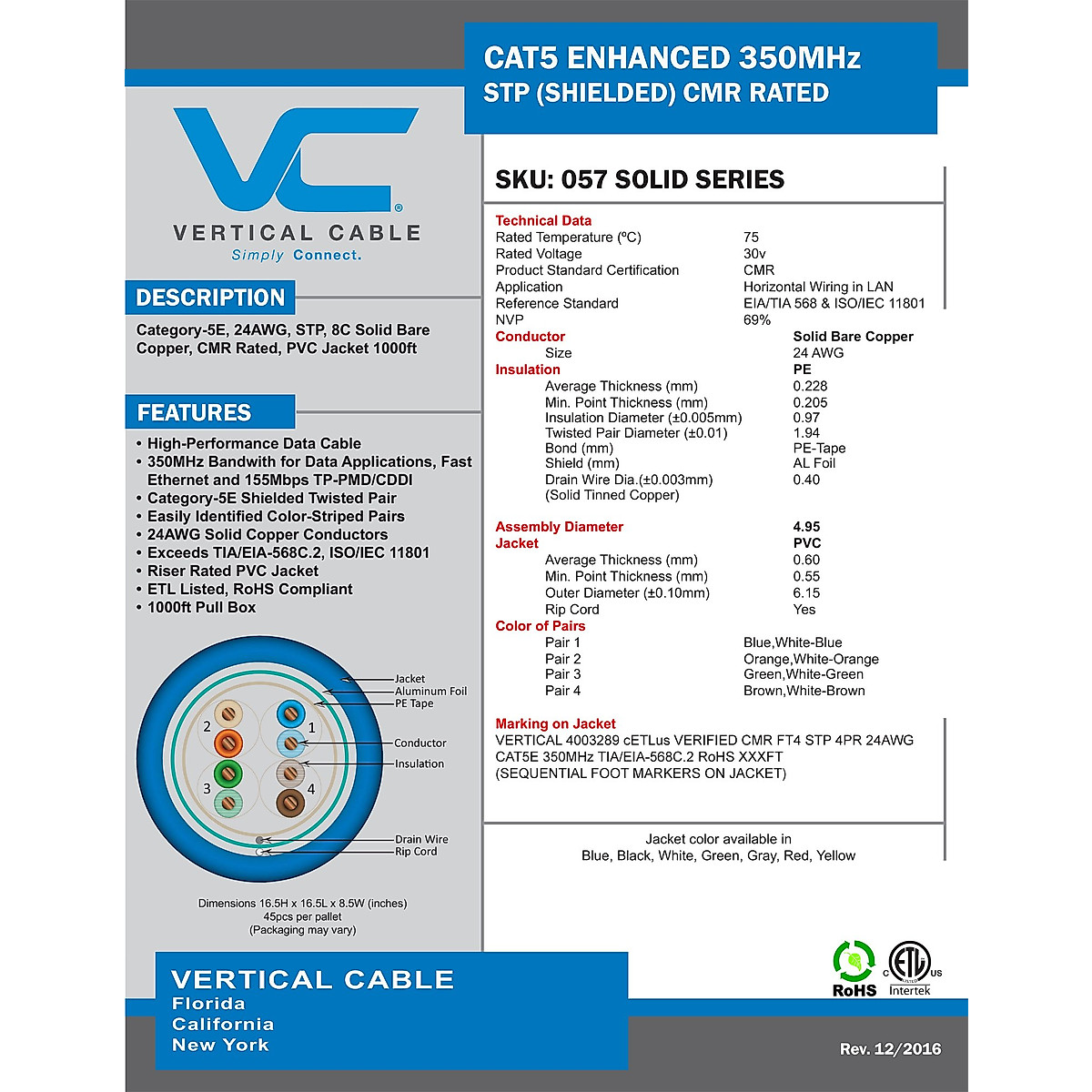 Vertical Cable Cat5e, 350 MHz, Shielded, 24AWG, Solid Bare Copper, 1000ft, Bulk Ethernet Cable, Black