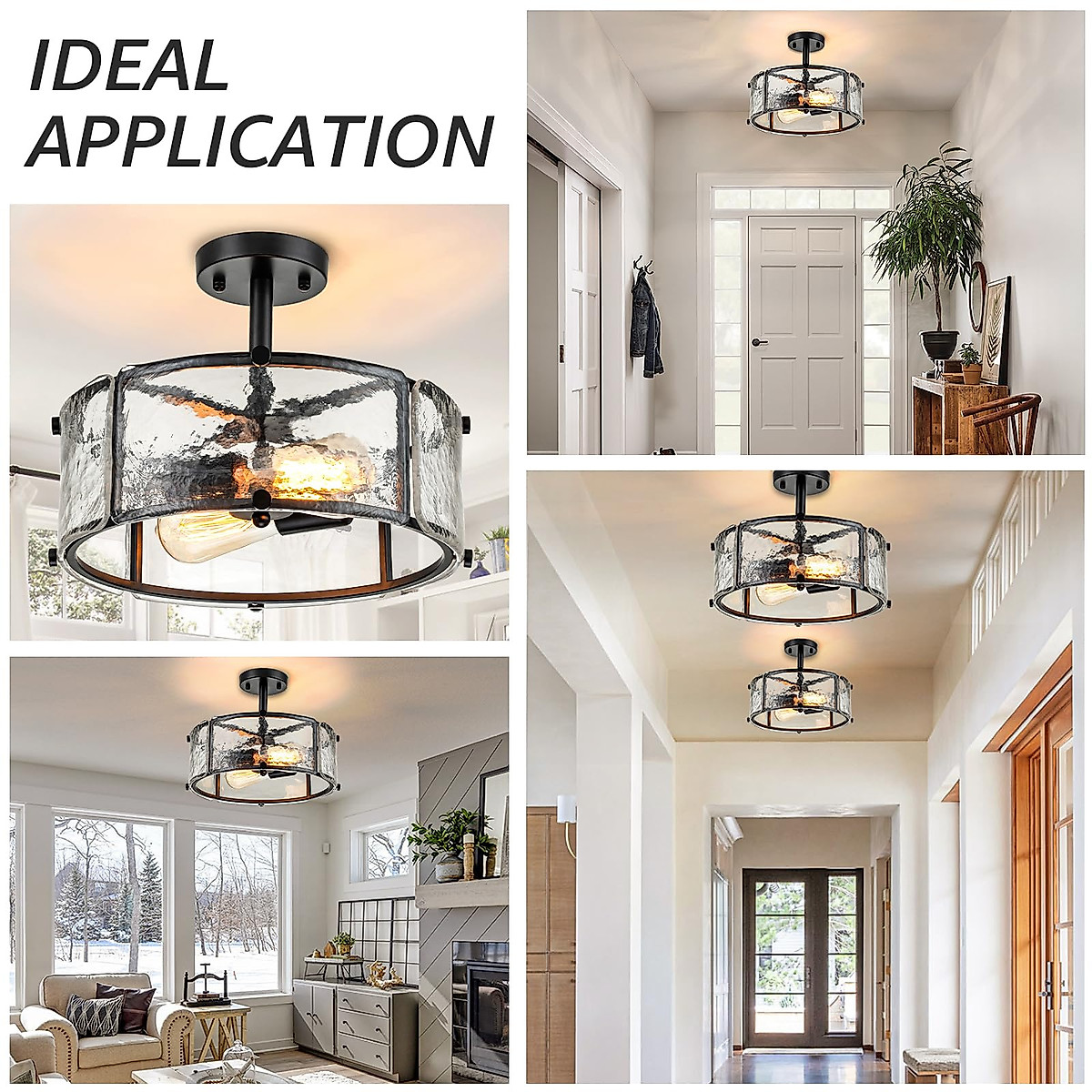 TinHon Black Semi Flush Mount Ceiling Light,12.8" Modern Small Drum Close to Ceiling Light Fixture,Easy to Install 2-Light Lightweight Glass Ceiling Lights for Dining Room,Living Room,Kitchen