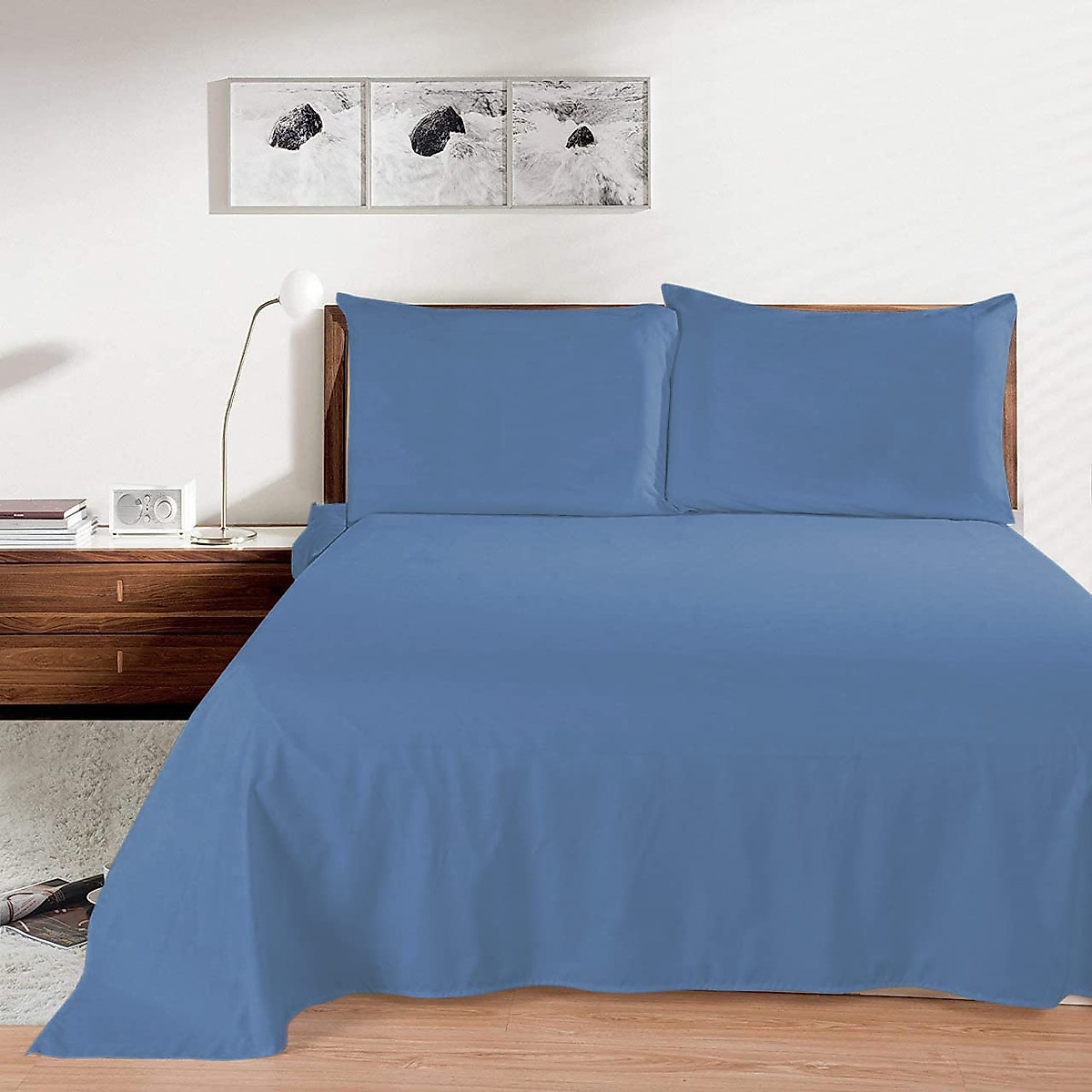 Luxurious 3 Piece Flat Sheet 800 Thread Count 100% Egyptian Cotton Luxury Soft Fabric Flat Sheet Oversized King Plus Size (120" x 120") Inch - Medium Blue Solid