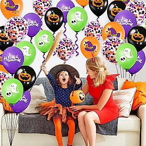 Halloween Balloons Hocus Pocus Balloons, 60pcs Black Orange Purple Green Printed Balloons with Halloween Confetti Balloons for Halloween Theme Party Birthday Party Haunted House Magic Decoration……