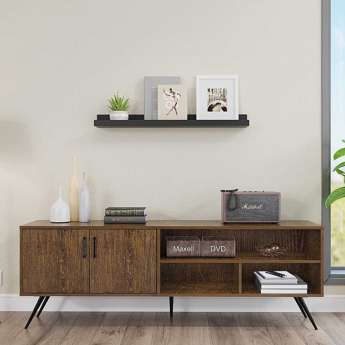 Panana 62.99" TV Stand Television Stands TV Console Unit with 3 Open Cubby and 2 Doors for Living Room Bedroom for TVs up to 70 Inches, Walnut