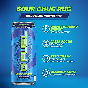 G Fuel Chug Rug Energy Drink, Sugar Free, Healthy Drinks, Zero Calorie, 300 mg Caffeine per Carbonated Can, Sour Blue Flavor, Focus Amino, Vitamin + Antioxidants Blend - 12 Pack