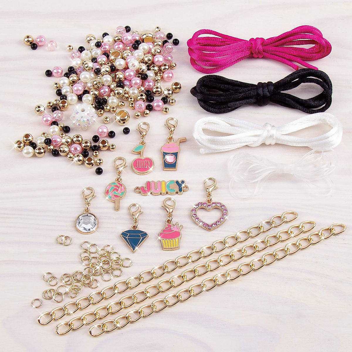 Make It Real - Juicy Couture Pink and Precious Bracelets - DIY Charm Bracelet Making Kit - Friendship Bracelet Kit with Charms, Beads & Cords - Arts & Crafts Bead Kit for Girls - Makes 8 Bracelets