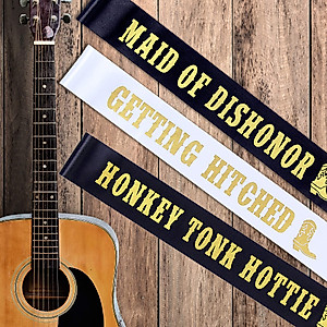 POP FIZZ DESIGNS Nashville Bachelorette Party Sashes | 7 Pack | Includes 1 Bride Sash “Getting Hitched” | 6 Funny Bride Tribe Sashes for Bridal Party