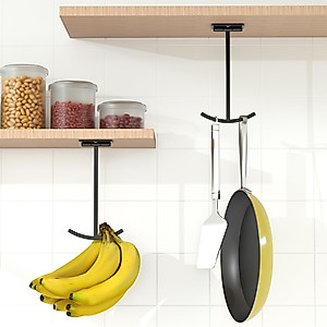 Josmimic Banana Hook Under Cabinet - Adhesive Banana Hanger Under Counter, Metal Banana Holder Stand for Hanging Bananas or Kitchen Utensil, Keeps Bananas Fresh, Black, 1 Pack