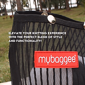 mybaggee Medium 4 Snaps Mesh Travel Knitting Bag with Snap Opening, Lightweight Nylon Storage Pouch for Yarns, Needles and Accessories (Black)