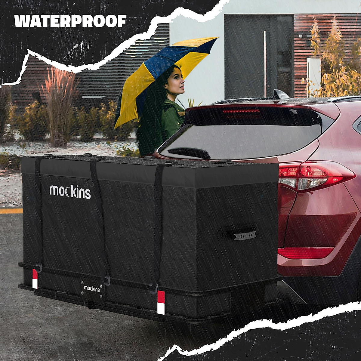 Mockins 25 Cu.Ft. Trailer Hitch Cargo Carrier Bag | 60"x24"x31" Waterproof Cargo Bag for Hitch Carrier | Weatherproof Abrasion Resistant Vinyl Vehicle Soft-Shell Carriers w/Straps, Lock, & Carry Bag