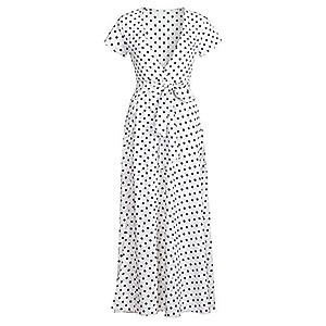 XIMIN Women's Fashion Casual Short Sleeve V-Neck Low Cut Printed Polka Dot Dress Beach Maxi Dress (White, Size:M)