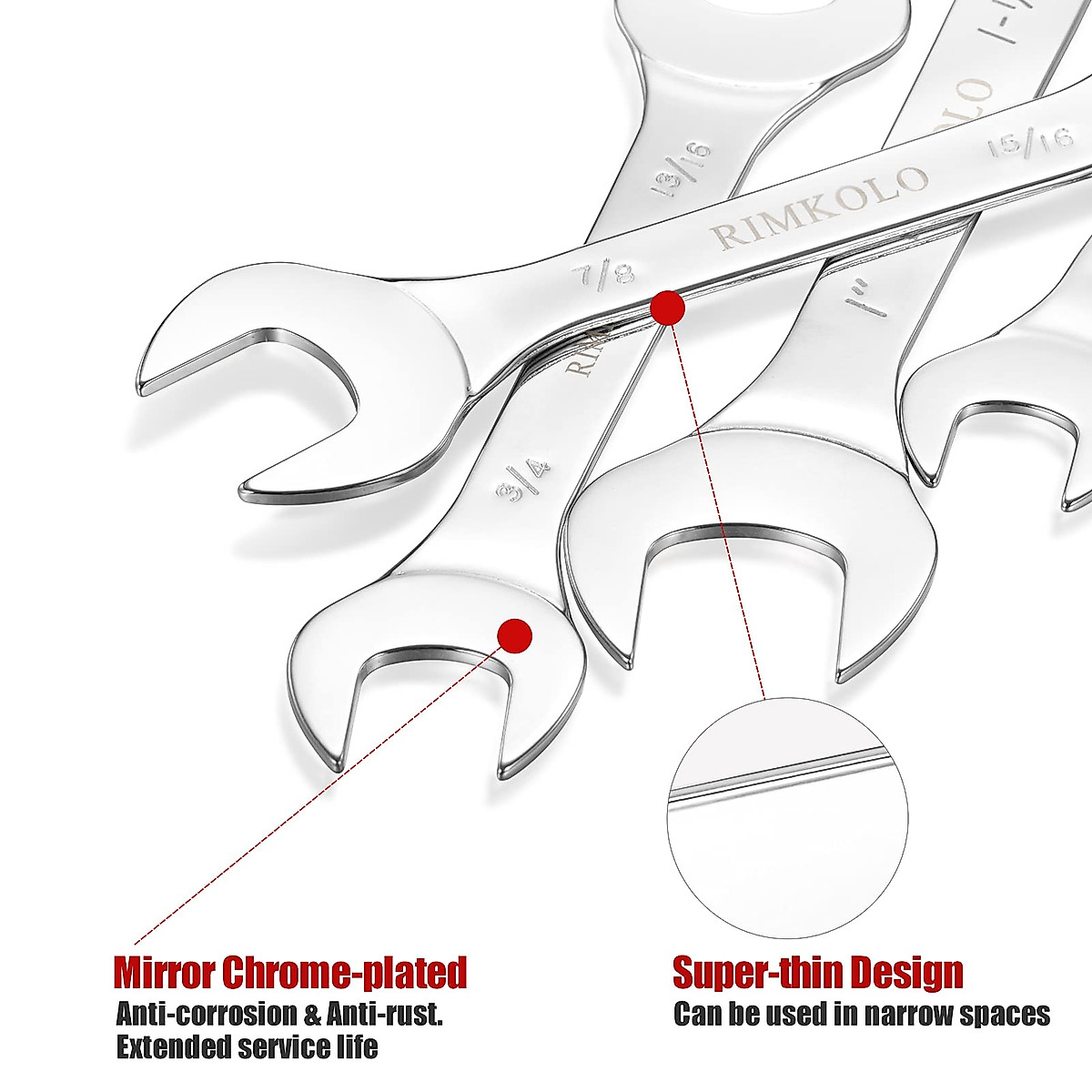 RIMKOLO Super-Thin Open End Wrench Set, 16-Piece SAE & Metric 3/8" to 1-1/4" and 5.5mm to 27mm Chrome Vanadium Steel Wrench Set with Rolling Pouch