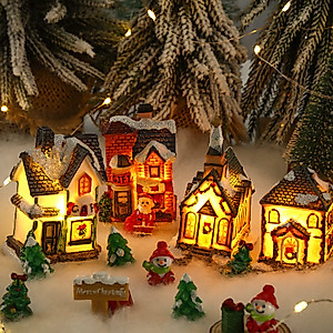 17 Pieces Christmas Village Sets Lighted LED Christmas Village Houses, Xmas Tree Gift Box Snowmen Santa Sign Miniature Figurines Snow Blanket, Christmas Home Table Decor Collectible Buildings