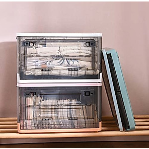 Folding Collapsible Storage Box and Organizer - Transparent - Easy to access - Stackable - Plastic Basket - Portable Bin with Wheels (White)