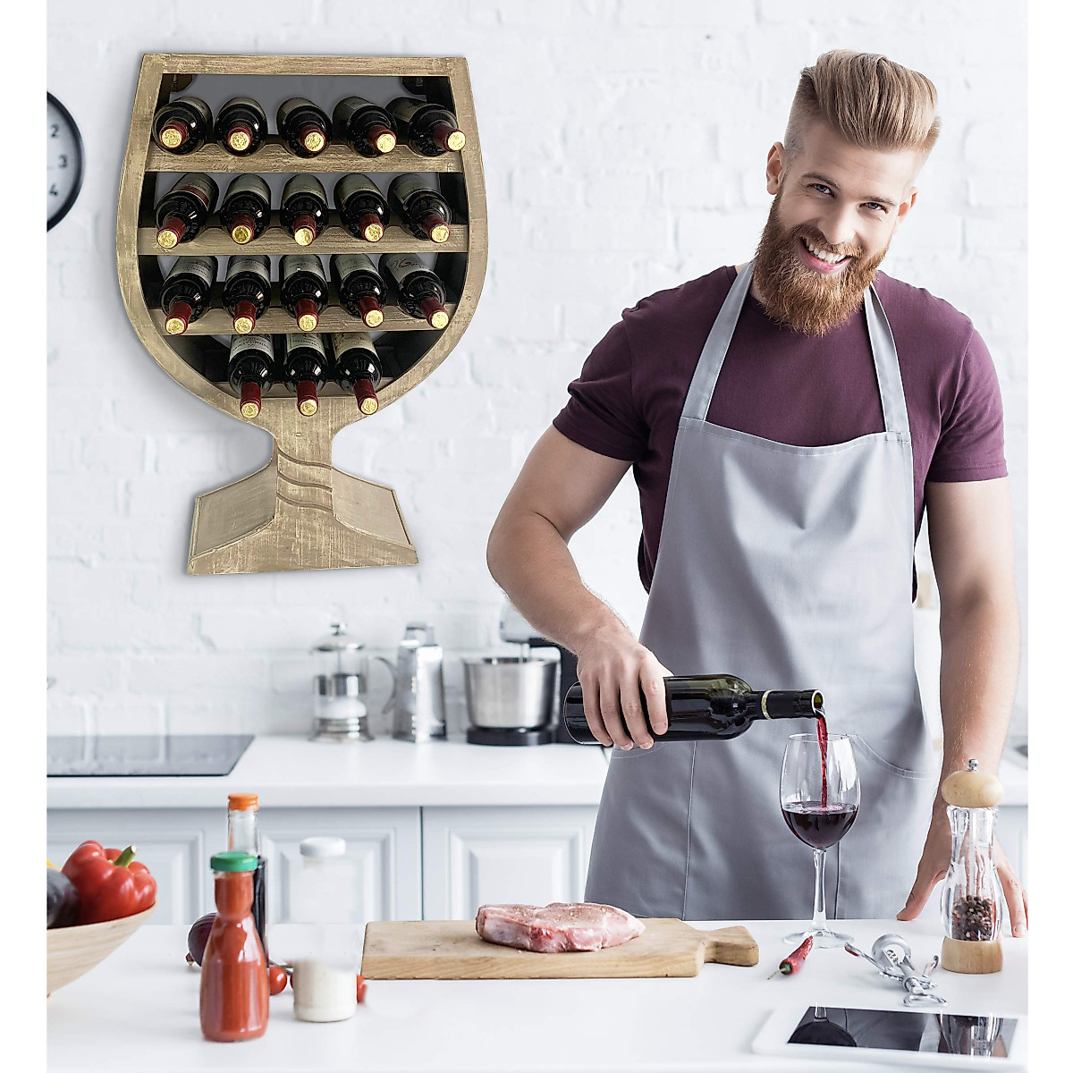 CoTa Global Modern Wine Glass Shaped Wall Mounted Wine Rack - 18 Bottles Freestanding Wooden Wine Holder, Hanging Bottle Rack or Floor Stand, Wine Storage Shelf Organizer for Wine Bar & Home Décor