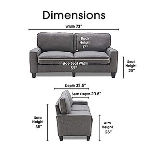 Serta Palisades Upholstered Sofas for Living Room Modern Design Couch, Straight Arms, Soft Fabric Upholstery, Tool-Free Assembly, 73" Sofa,Grey